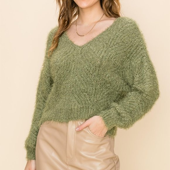 HYFVE | Sweaters | Nwt Hyfve Furry Crop V Neck Sweaters In Olive | Poshmark